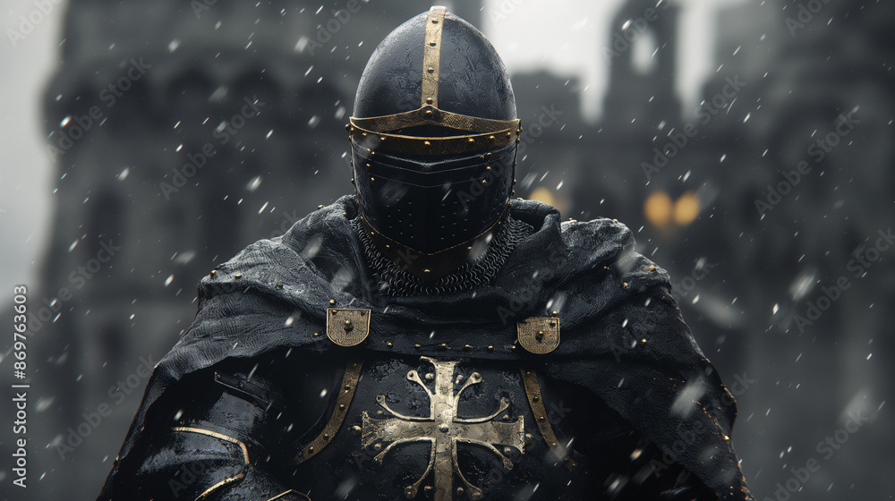 A cinematic photograph of the black knight in full armor with a golden ...