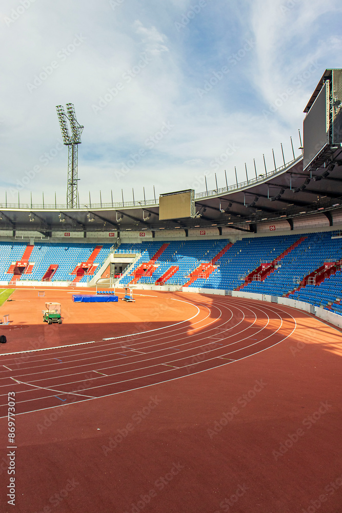 Empty athletics stadium. Part of an athletics stadium with a running ...