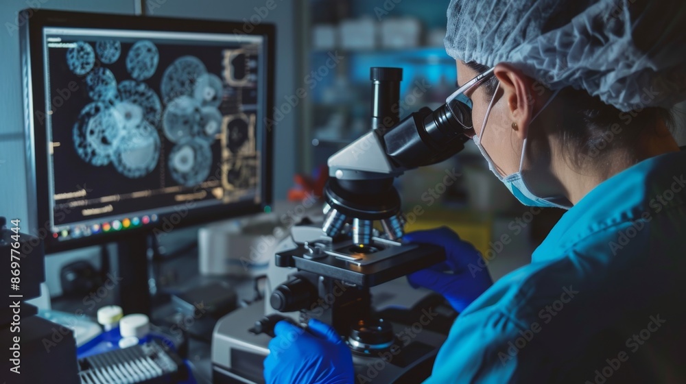 scientist capturing microscope images of embryos, with a clear view of ...