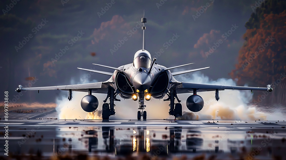 Double engine Modern fifth generation Fighter jet at runway smoke ...