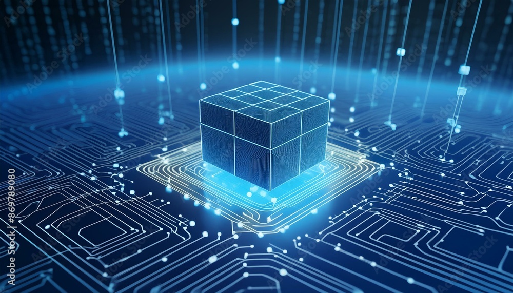 Cube technology on Converging point of circuit with Abstract blue background. Blockchain Network ...