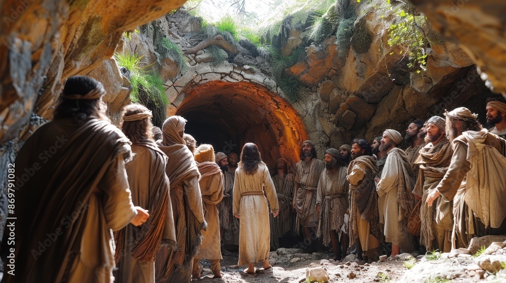 jesus Group of people in historical attire gathered around a central ...