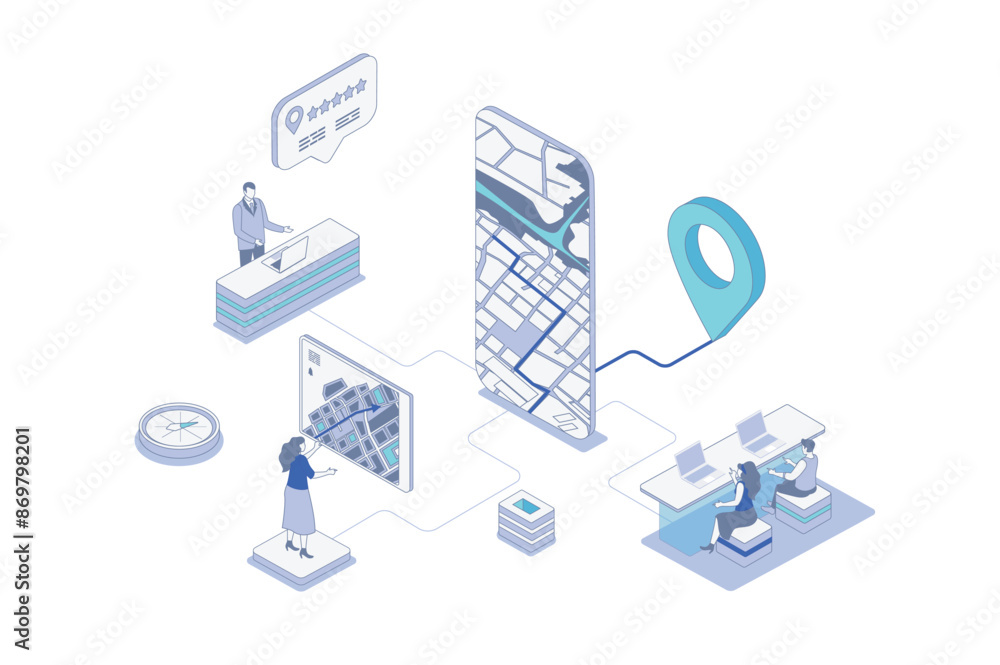 Gps Navigation Isometric Concept In Outline Isometry Design For Web