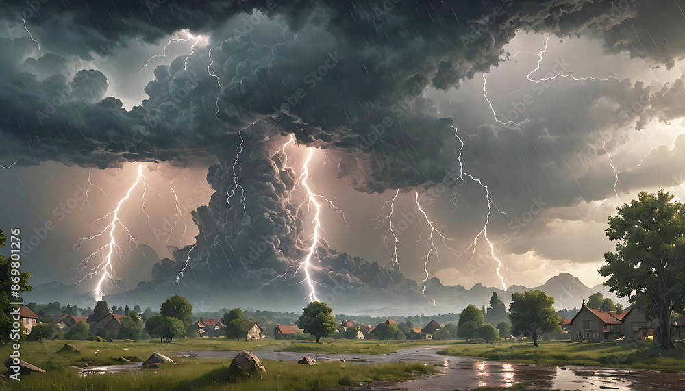 helle zuckende Blitze donnernd in dunklen tosenden Gewitter Wolken voll ...