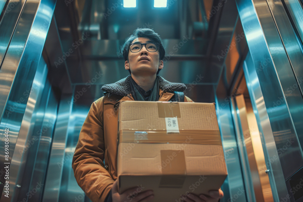 Stylish Courier Ascending Glass Elevator with Packages in Sleek Office ...