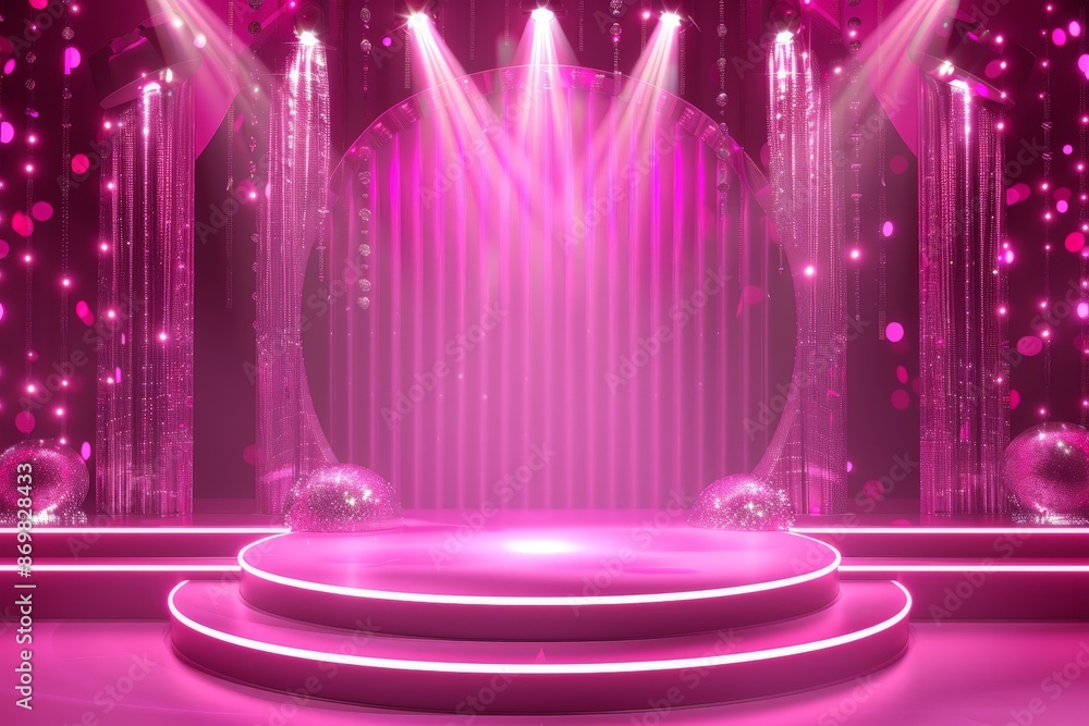 Pink stage scene with silver line elements and glitter light effect ...