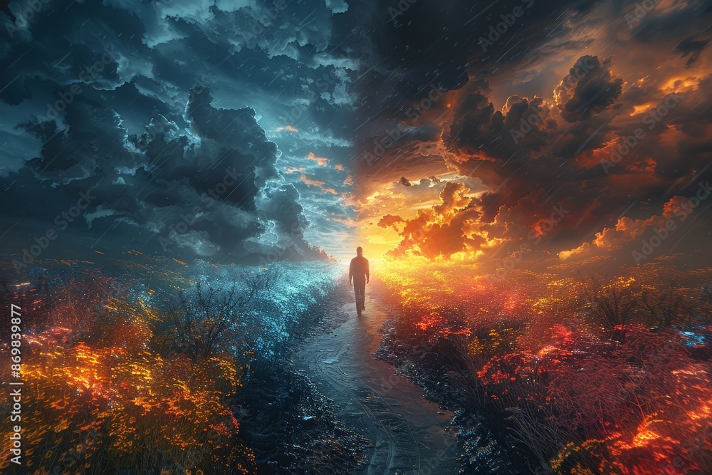 Incredible surreal fantasy landscape with a lone figure walking through ...