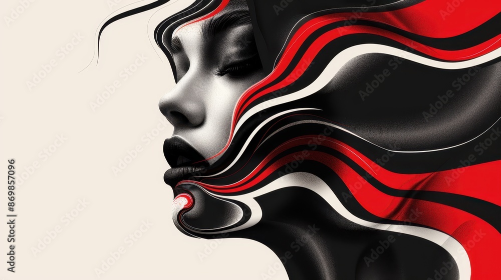 Stylized profile of a woman's face with abstract black and red patterns ...
