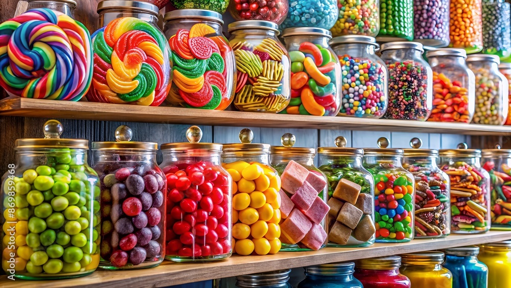 Colorful array of sweets and treats sprawl across shelves, sparkling ...