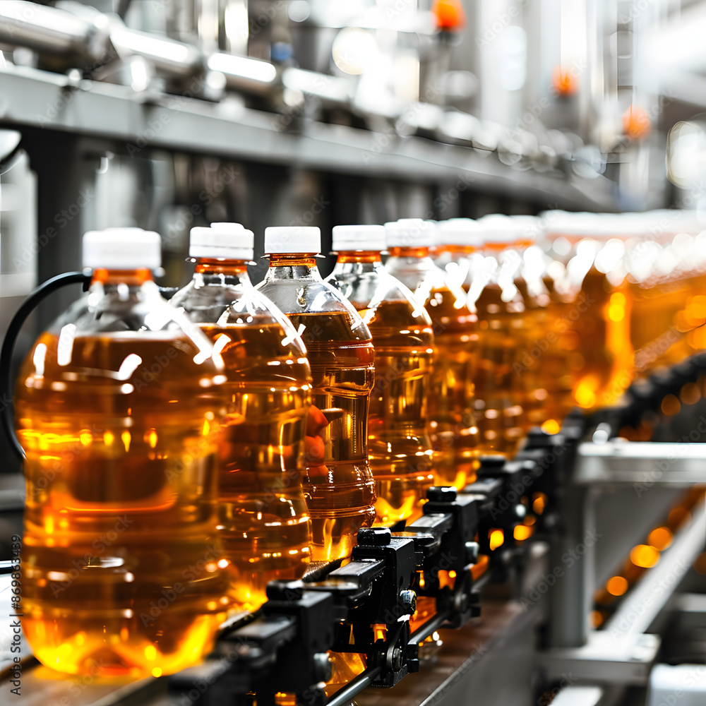 carbonated drinks factory with view of production and bottles isolated ...