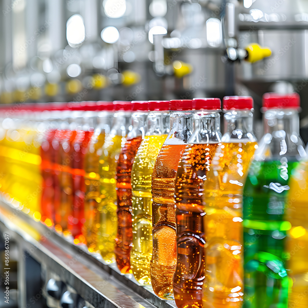 carbonated drinks factory with view of production and bottles isolated ...