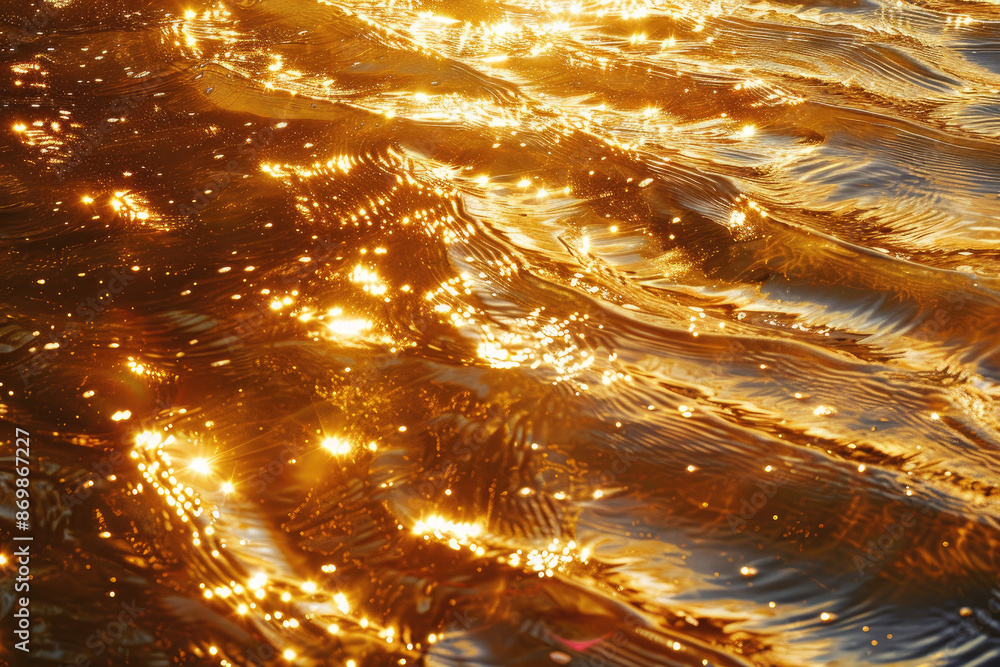 Golden sunlight reflects off the surface of gently rippling water ...