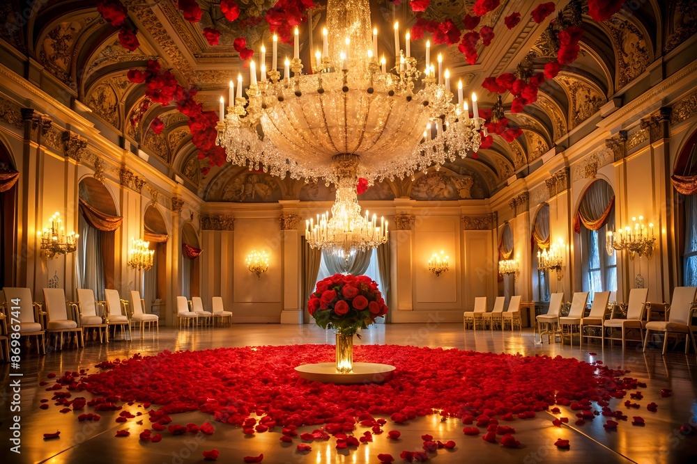 Romantic majestic ballroom with grand chandelier, red rose petals, and ...