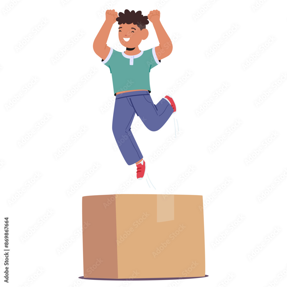 Joyful Cartoon Boy Jumping Over The Cardboard Box, Demonstrating ...