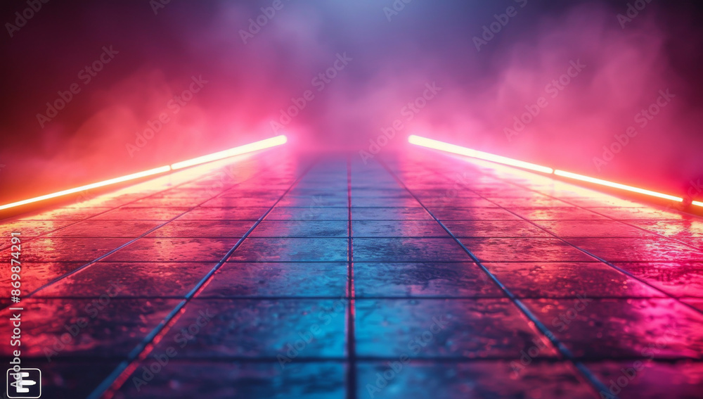 Vibrant neon lights and pixelated shapes floating above an empty grid ...