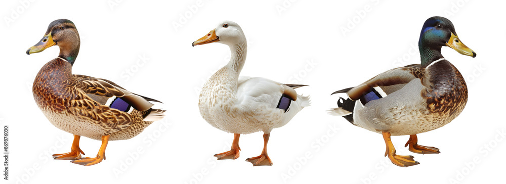 Three different breeds ducks facing left isolated on transparent ...