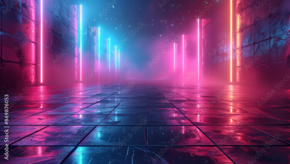 Vibrant neon lights and pixelated shapes floating above an empty grid ...