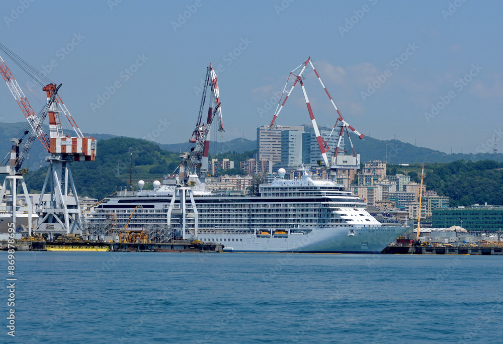 The Fincantieri shipyards in the Italian port of Genoa with passenger ...