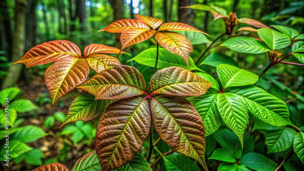 Vibrant green poison ivy leaflets with reddish tints and pointed tips ...