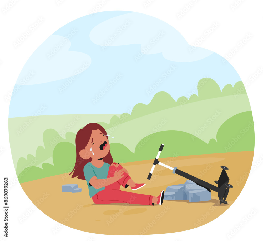 Young Girl Crying And Holding Her Knee After Falling Off Her Scooter In ...