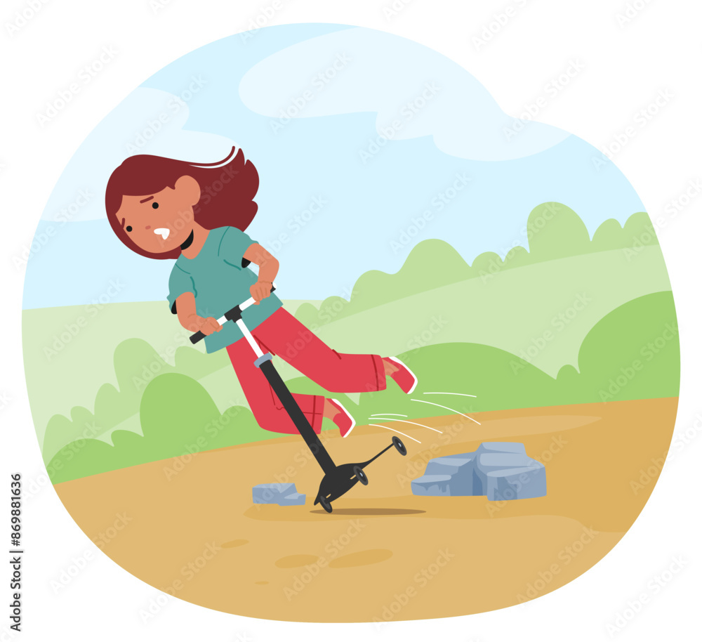 Cartoon Young Girl Character Falling Off A Scooter While Riding In A ...