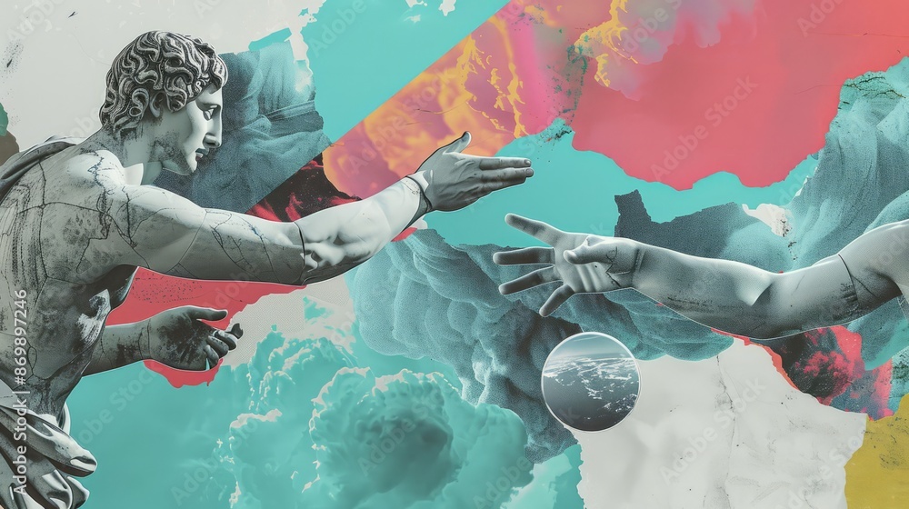 Creation of Adam. Contemporary art collage. Memphis style poster ...