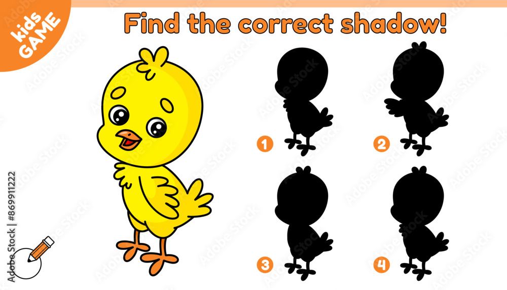 Educational kids farm game. Find the correct shadow. Cartoon chick ...