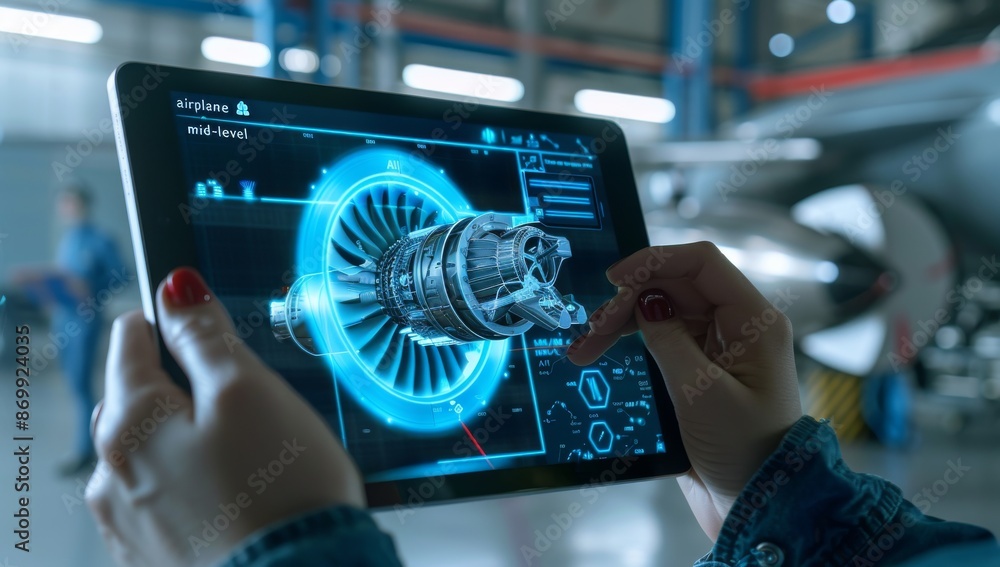 Engineer using iPad Pro for virtual airplane engine analysis in a ...