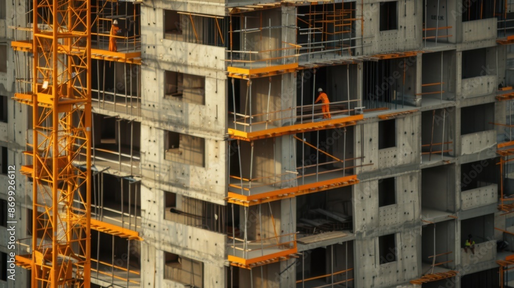 High-rise construction site with scaffolding and workers. Unfinished ...