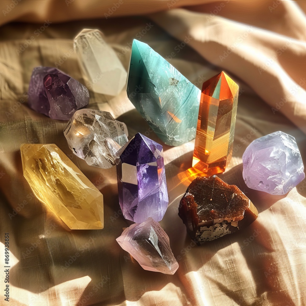 Crystals placed on a fabric background are used in reiki healing. These ...