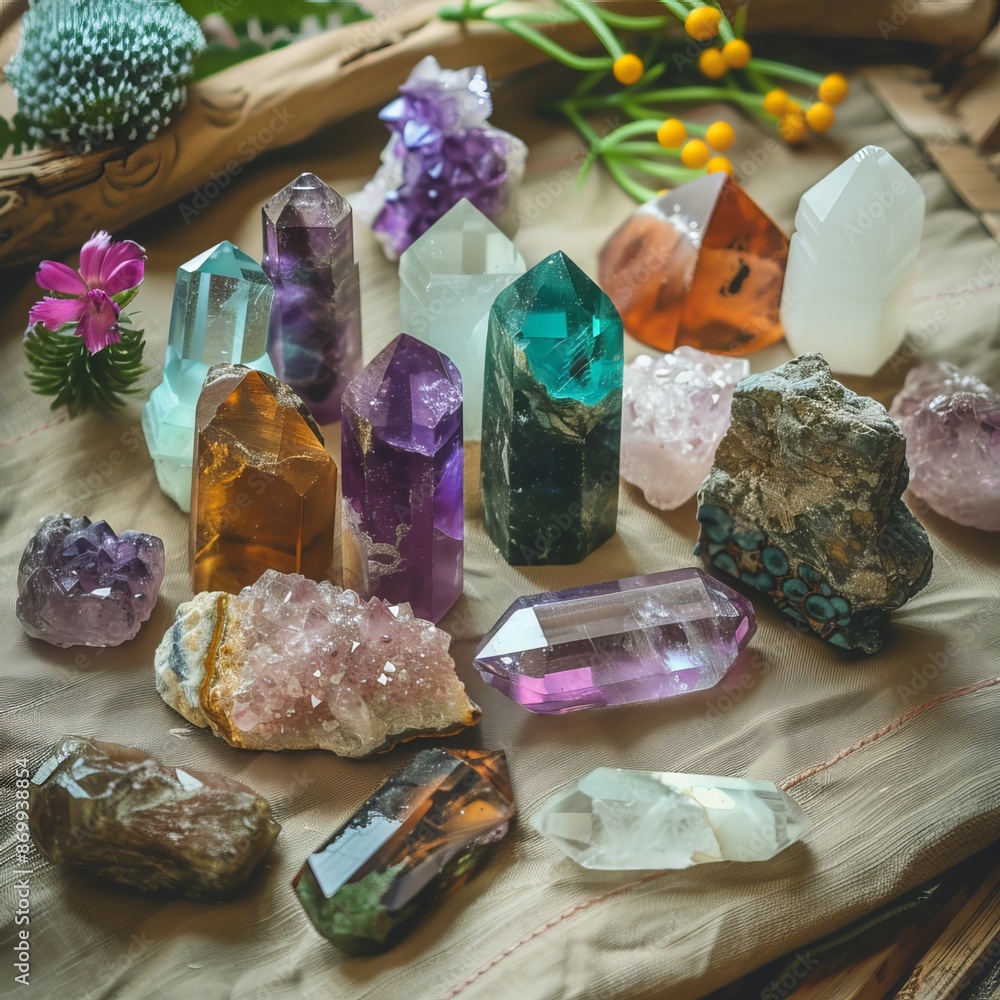 Crystals placed on a fabric background are used in reiki healing. These ...