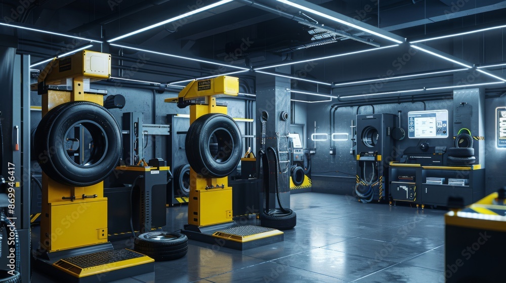 An image showcasing a modern tire shop with automated equipment for ...