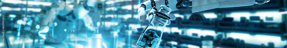 cyborg humanoid metal robot finger touching a medical glowing vitamin ...