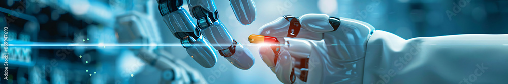 cyborg humanoid metal robot finger touching a medical glowing vitamin ...