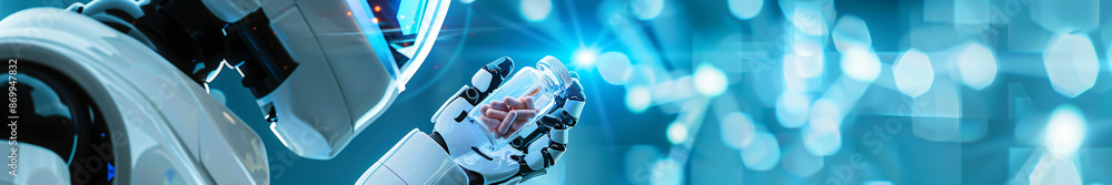 cyborg humanoid metal robot finger touching a medical glowing vitamin ...