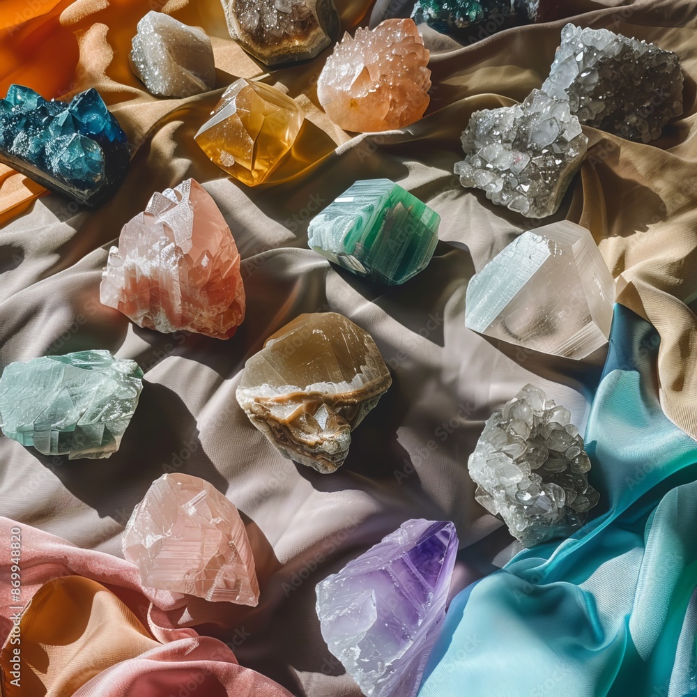 Crystals placed on a fabric background are used in reiki healing. These ...