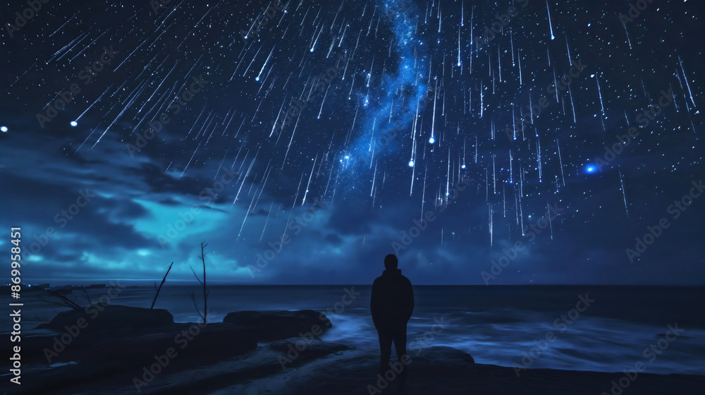 Black shadow silhouette of a man standing under the starry night sky ...