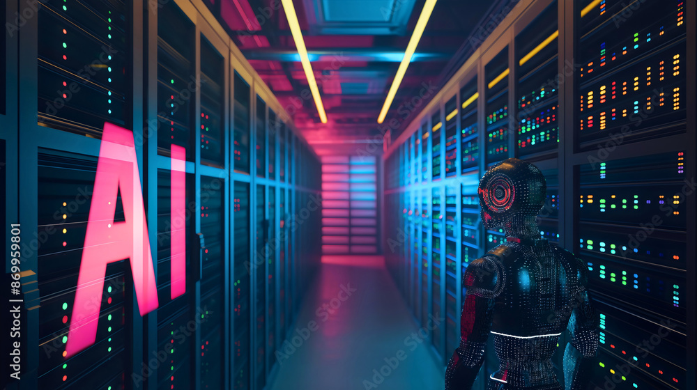 Rear back view of AI artificial intelligence robot standing in data ...