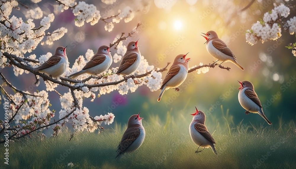 flock of birds are singing happily on the branches of a tree with ...