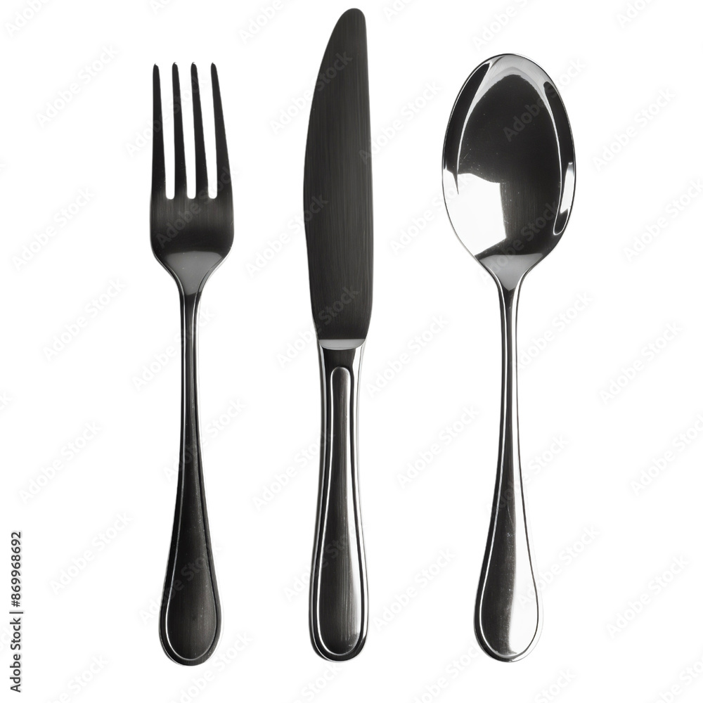 Set of three silver gray kitchen eating cutlery equipment. Fork, knife ...