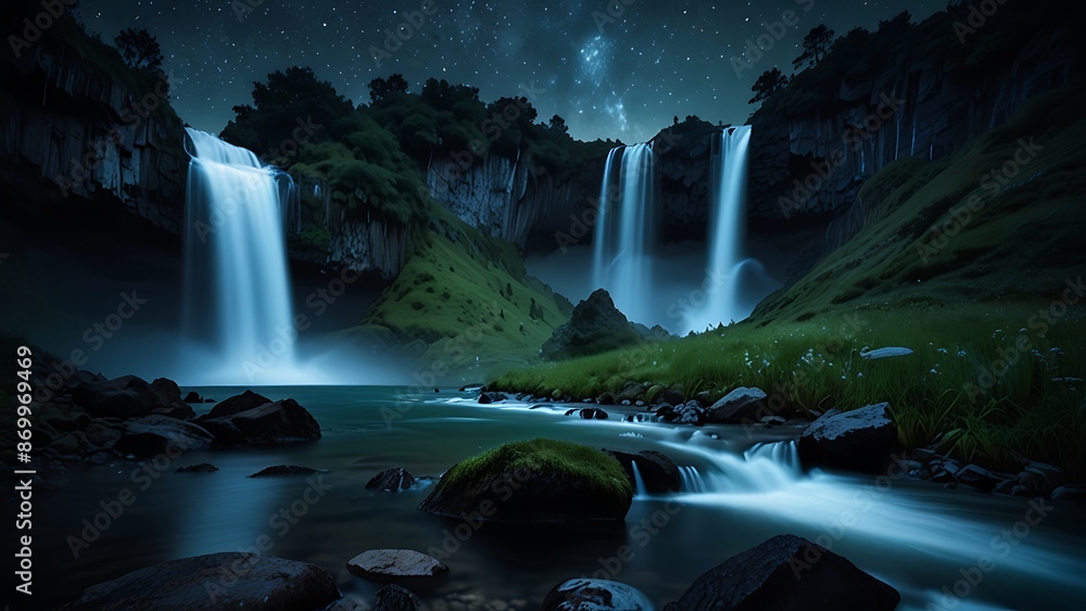 Stunning night photography of a three-tiered waterfall with starry ...