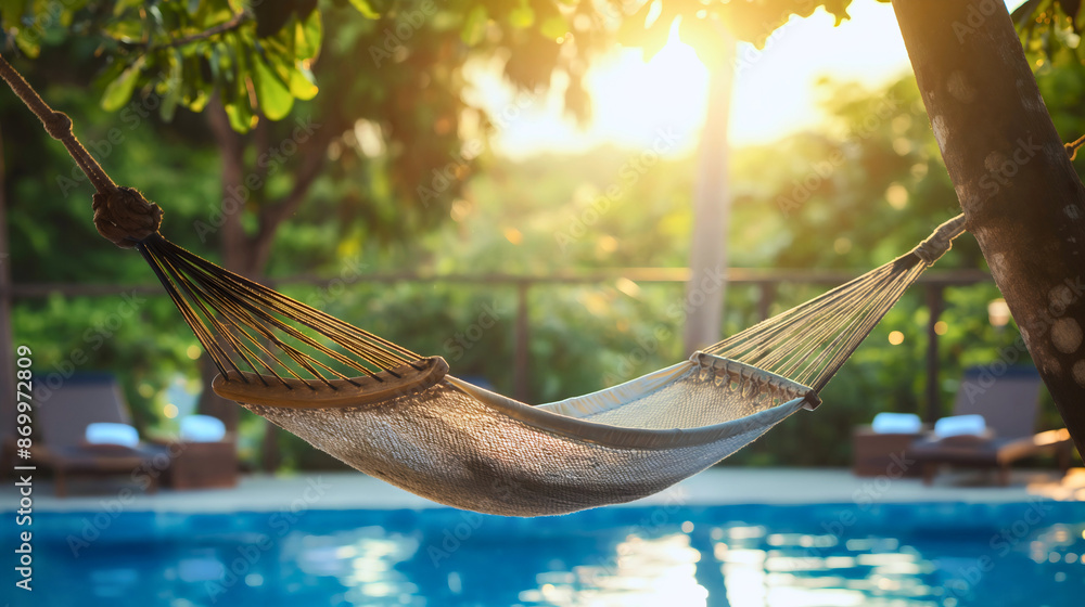 Hammock hanging between trees near the swimming pool, nobody. Summer ...