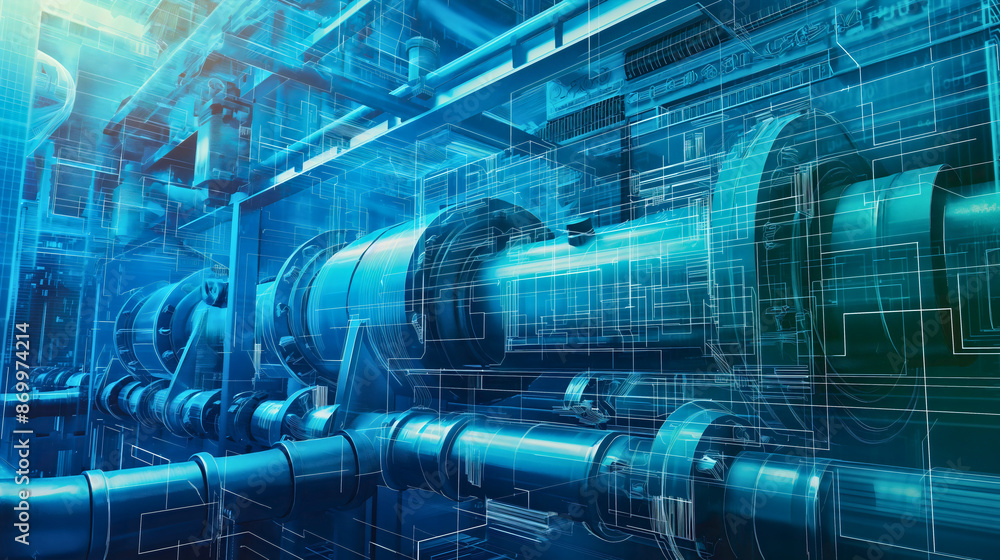 Building pipe and valve tube system architectural blueprint, industrial ...