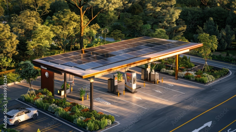 A modern, solar-powered electric vehicle charging station with a white ...