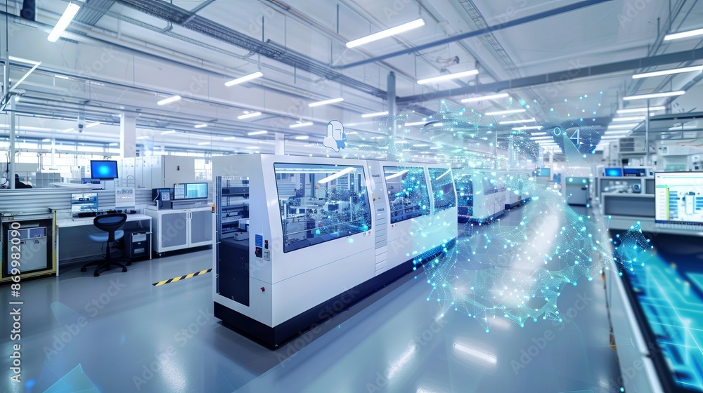 Industry 4.0 smart factory interior showcases IIoT machines, efficient ...