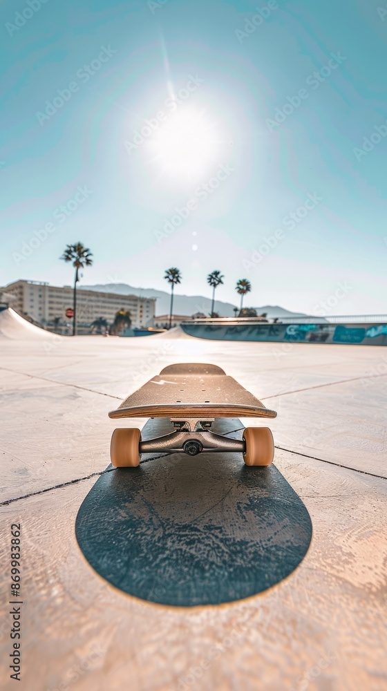 Wooden skateboard on an urban skatepark ramp under a blue sky with ...