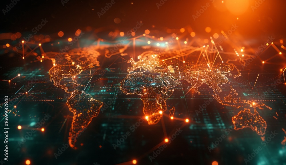 Communication network with world map in dark style. Visualizes global ...