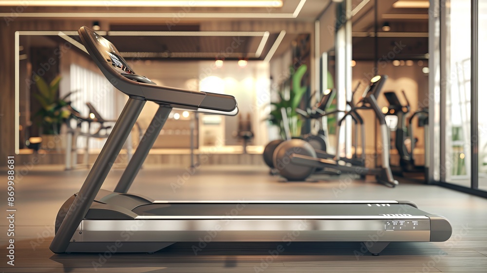 Modern treadmill in an indoor gym with bright lighting. Concept of ...