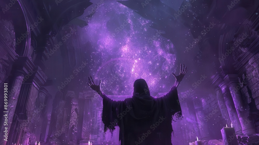 necromancer conjuring dark spirits swirling mist eerie purple glow ...