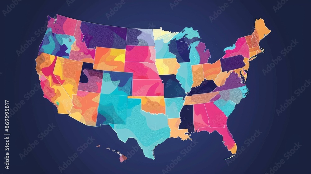 A vibrant, abstract representation of the United States map featuring a ...